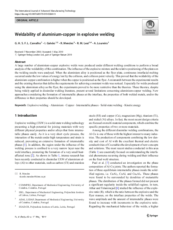 (PDF) Weldability of aluminium-copper in explosive welding