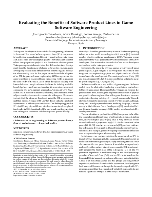 Pdf Benefits Of Software Product Lines In Game Dev 