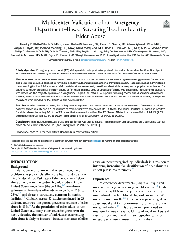 (PDF) Multicenter Validation of an Emergency Department–Based Screening Tool to Identify Elder Abuse