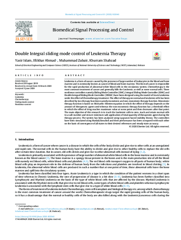 (PDF) Double Integral sliding mode control of Leukemia Therapy