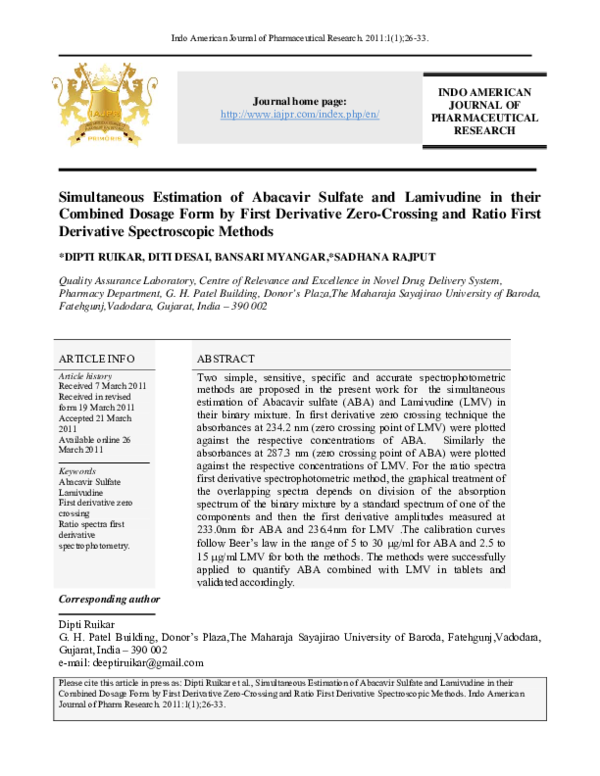 Pdf Simultaneous Estimation Of Abacavir Sulfate And Lamivudine In Their Combined Dosage Form