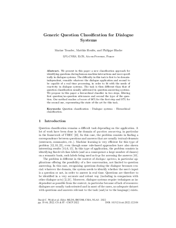 (PDF) Generic Question Classification for Dialogue Systems