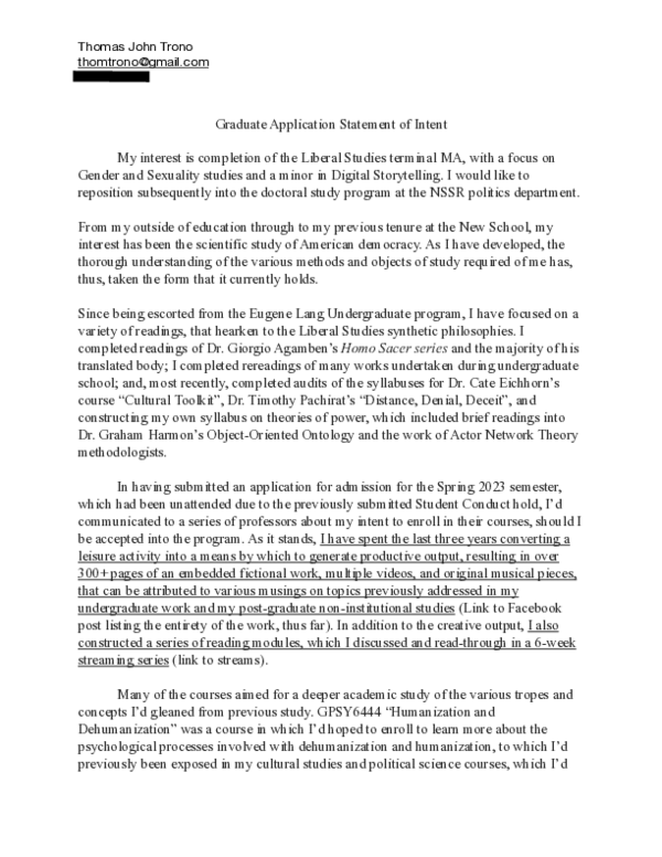 (PDF) Rejected Graduate Application Statement of Intent