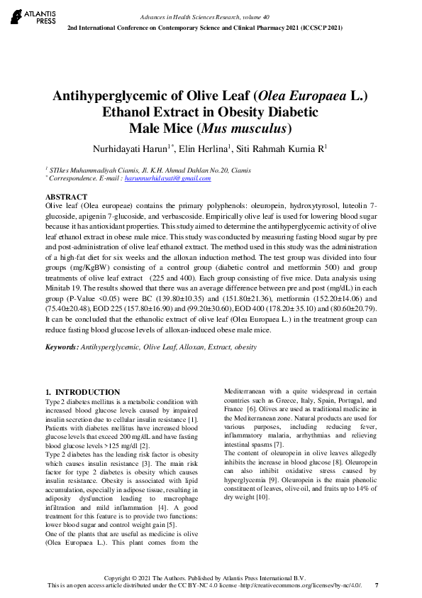 (PDF) Antihyperglycemic of Olive Leaf (Olea Europaea L.) Ethanol Extract in Obesity Diabetic ...