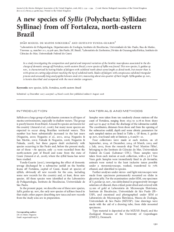 (PDF) A new species of Syllis (Polychaeta: Syllidae: Syllinae) from off ...