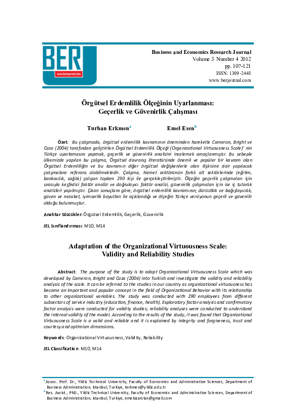 (PDF) Adaptation of the Organizational Virtuousness Scale: Validity and Reliability Studies