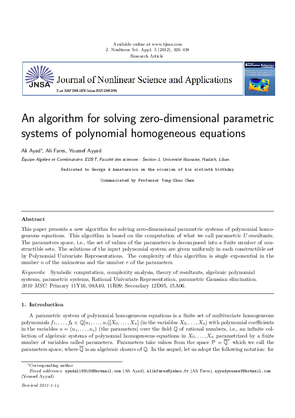 Pdf An Algorithm For Solving Zero Dimensional Parametric Systems Of 0622