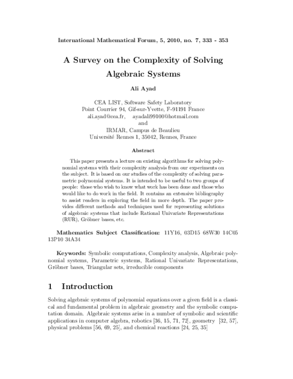 (PDF) A Survey on the Complexity of Solving Algebraic Systems
