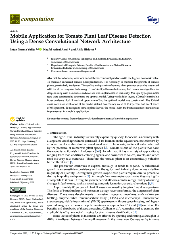Pdf Mobile Application For Tomato Plant Leaf Disease Detection Using A Dense Convolutional