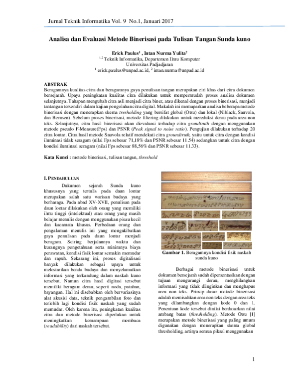 (PDF) Analisa dan Evaluasi Metode Binerisasi pada Tulisan Tangan Sunda ...