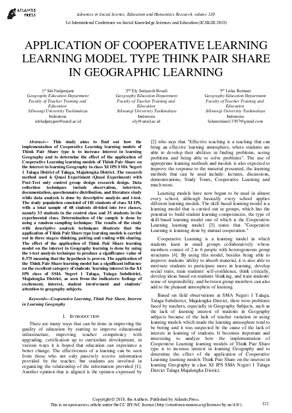 (PDF) Application of Cooperative Learning Learning Model Type Think Pair Share in Geographic ...