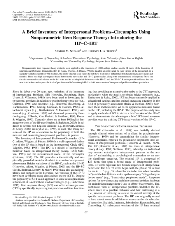 (PDF) A Brief Inventory of Interpersonal Problems–Circumplex Using ...