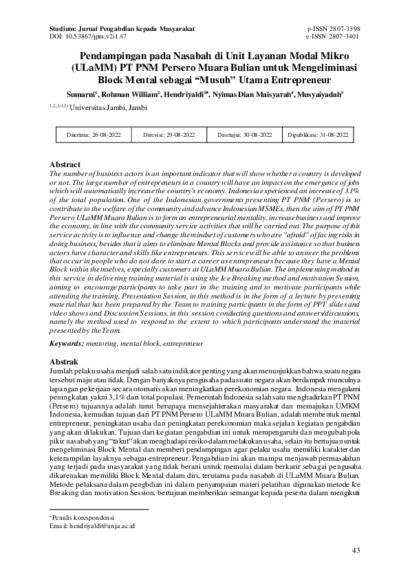 (PDF) Pendampingan Pada Nasabah DI Unit Layanan Modal Mikro (Ulamm) PT ...