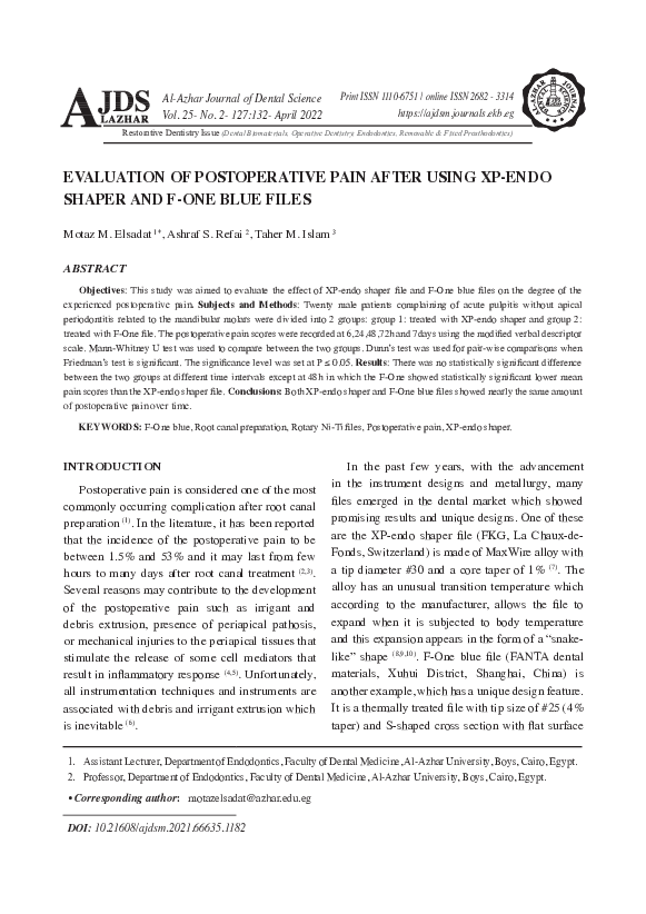 (PDF) Evaluation of postoperative pain after using XP-endo shaper and F ...