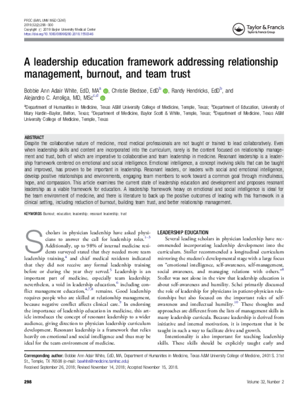 (PDF) A leadership education framework addressing relationship management, burnout, and team trust