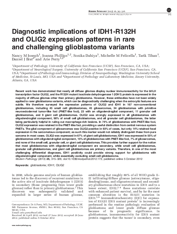 (PDF) Diagnostic implications of IDH1-R132H and OLIG2 expression ...
