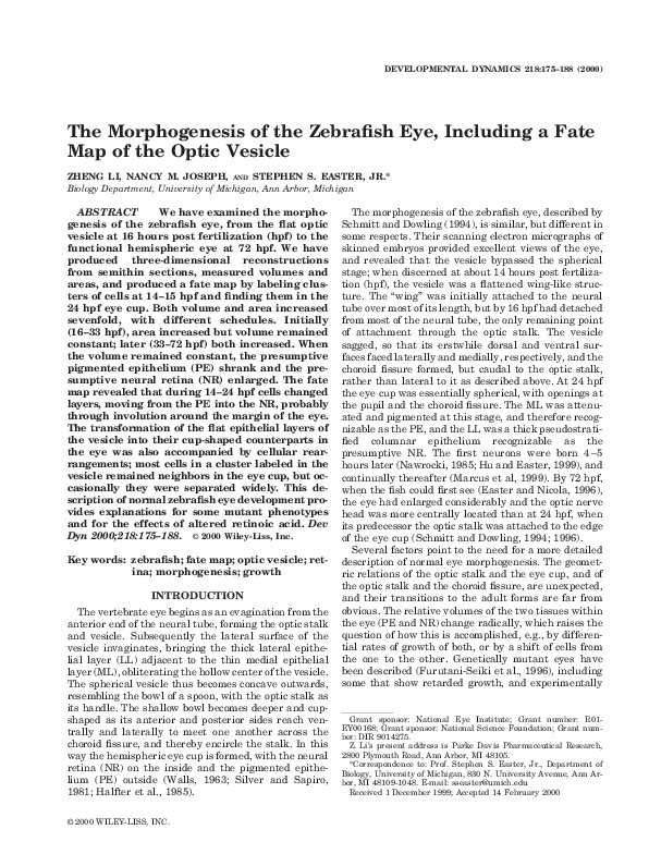 (PDF) The morphogenesis of the zebrafish eye, including a fate map of ...