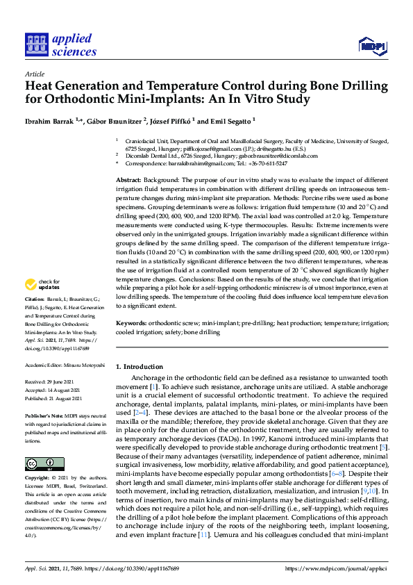 Pdf Heat Generation And Temperature Control During Bone Drilling For Orthodontic Mini Implants