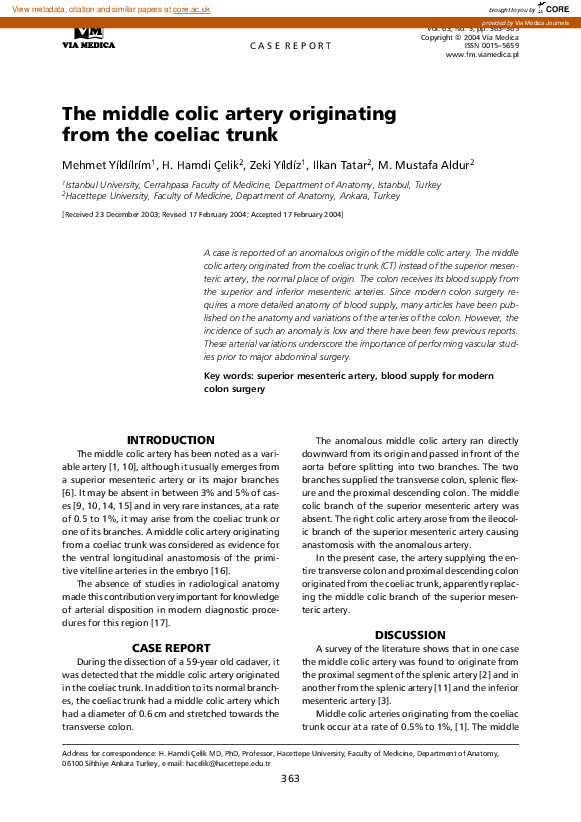 (PDF) The middle colic artery originating from the coeliac trunk