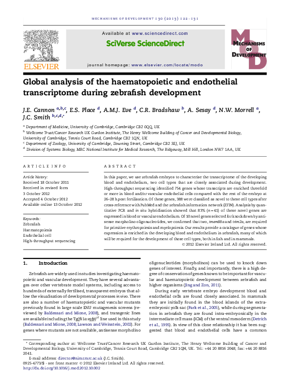 (PDF) Global analysis of the haematopoietic and endothelial transcriptome during zebrafish ...