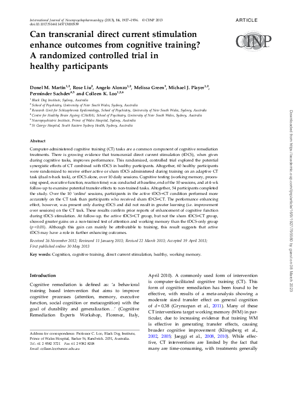 (PDF) Can transcranial direct current stimulation enhance outcomes from cognitive training? A ...
