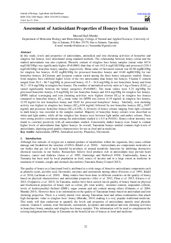 (PDF) Assessment of Antioxidant Properties of Honeys from Tanzania