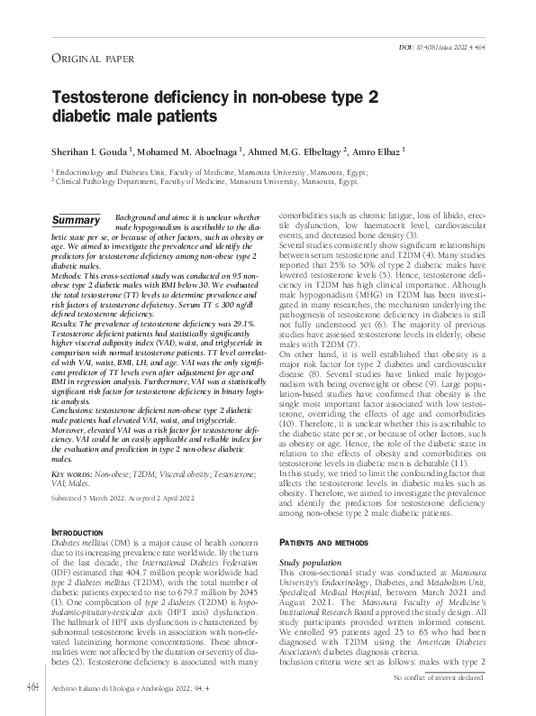 (PDF) Testosterone deficiency in non-obese type 2 diabetic male patients
