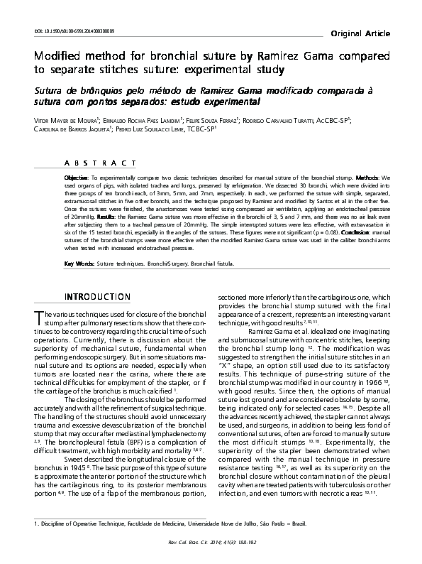 (PDF) Modified method for bronchial suture by Ramirez Gama compared to separate stitches suture ...