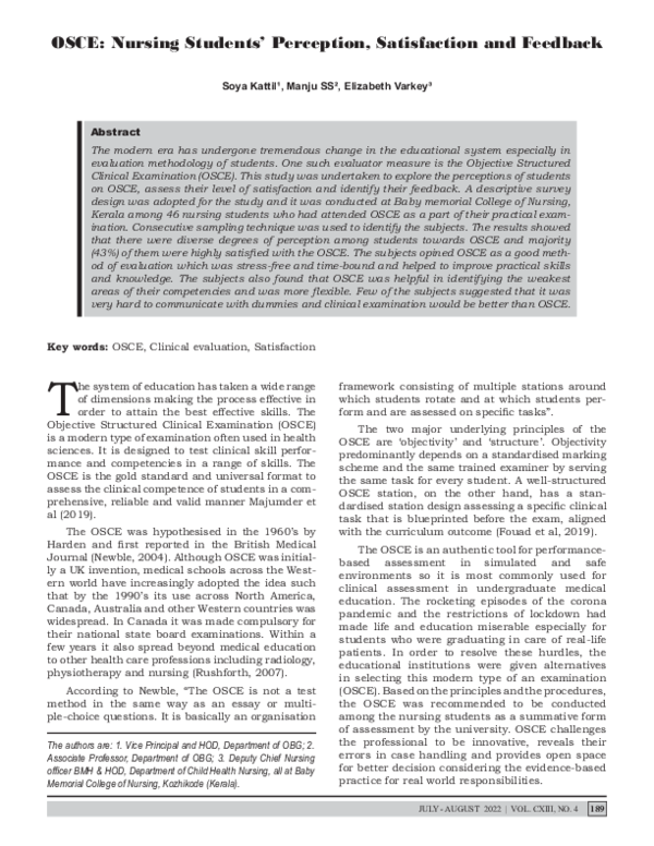 (PDF) OSCE: Nursing Students' Perception, Satisfaction and Feedback