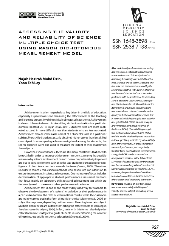 (PDF) Assessing the Validity and Reliability of Science Multiple Choice ...
