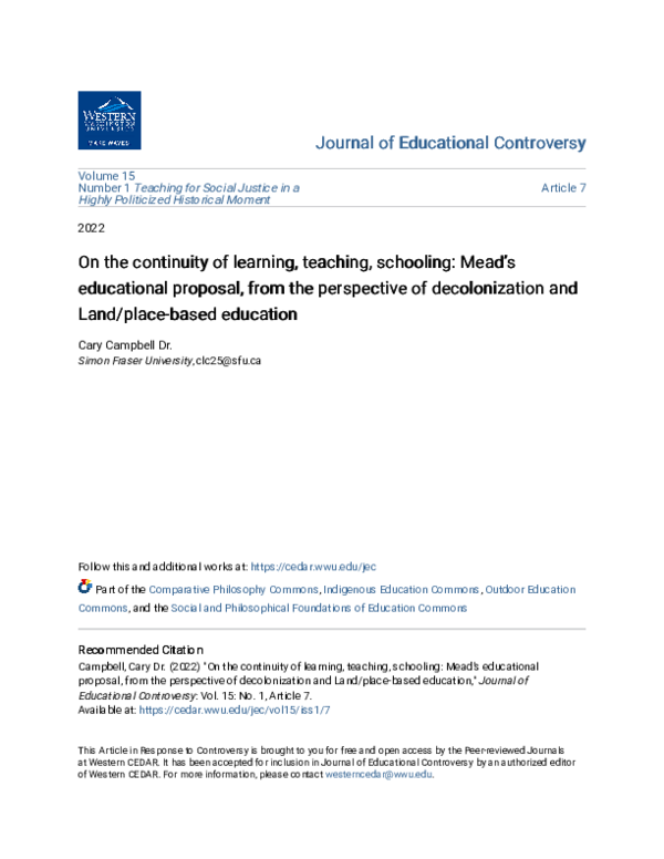 (PDF) On the continuity of learning, teaching, schooling: Mead’s ...