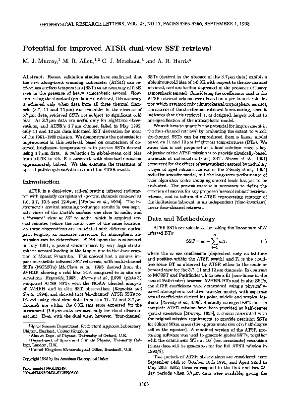(PDF) Potential for improved ATSR dual-view SST retrieval