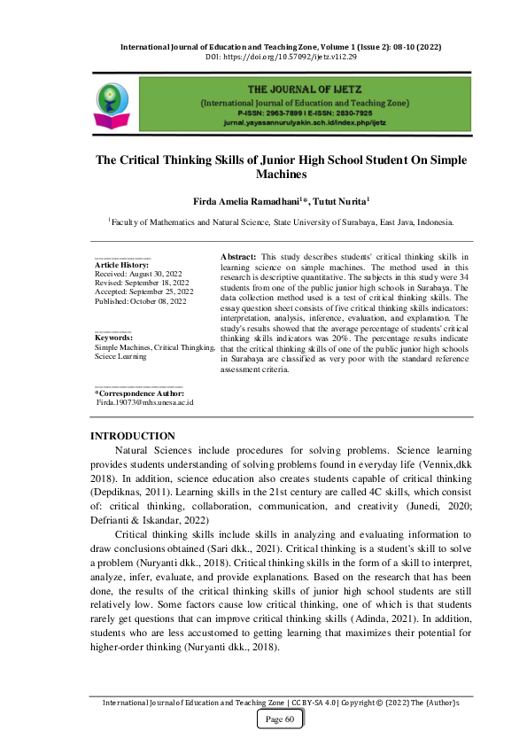 (PDF) Critical Thinking Skills of Junior High School Student on Simple Machines