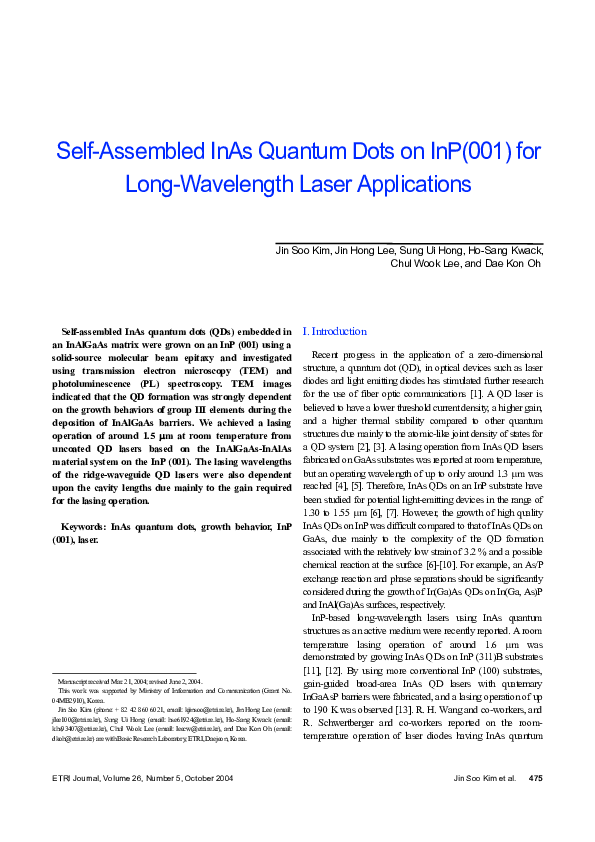 (PDF) Self-Assembled InAs Quantum Dots on InP(001) for Long-Wavelength ...