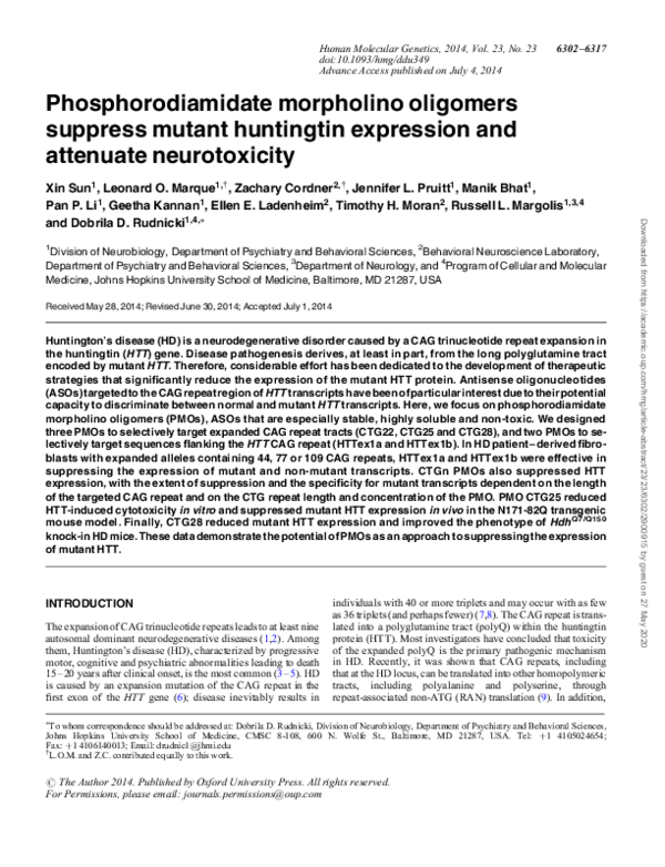 (PDF) Phosphorodiamidate morpholino oligomers suppress mutant ...
