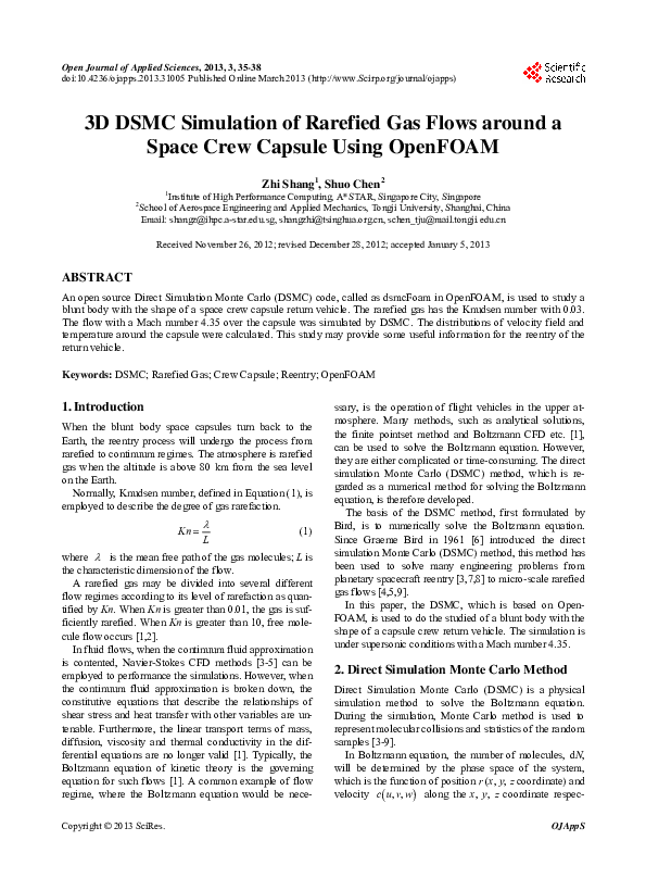 (PDF) 3D DSMC Simulation of Rarefied Gas Flows around a Space Crew Capsule Using OpenFOAM