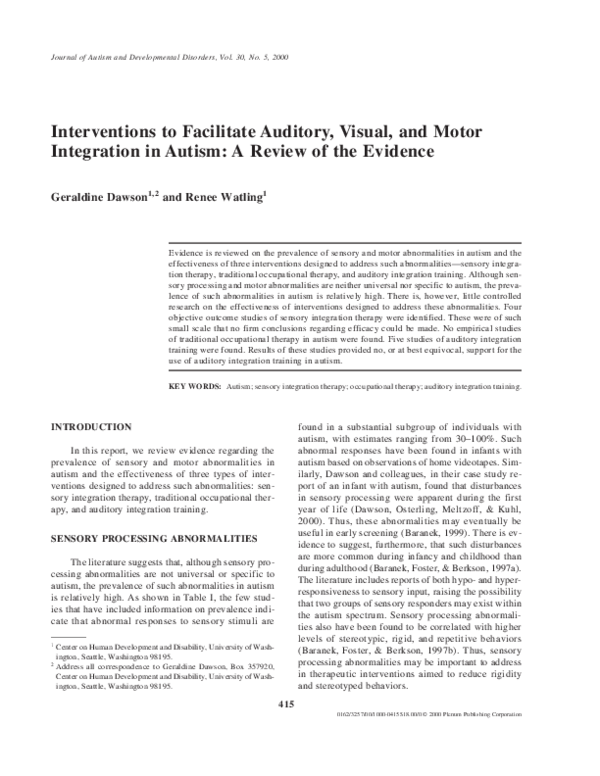(PDF) Interventions to Facilitate Auditory, Visual, and Motor Integration in Autism: A Review of ...