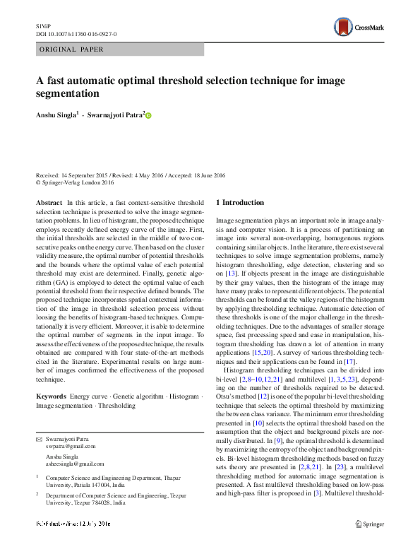 Pdf A Fast Automatic Optimal Threshold Selection Technique For Image Segmentation