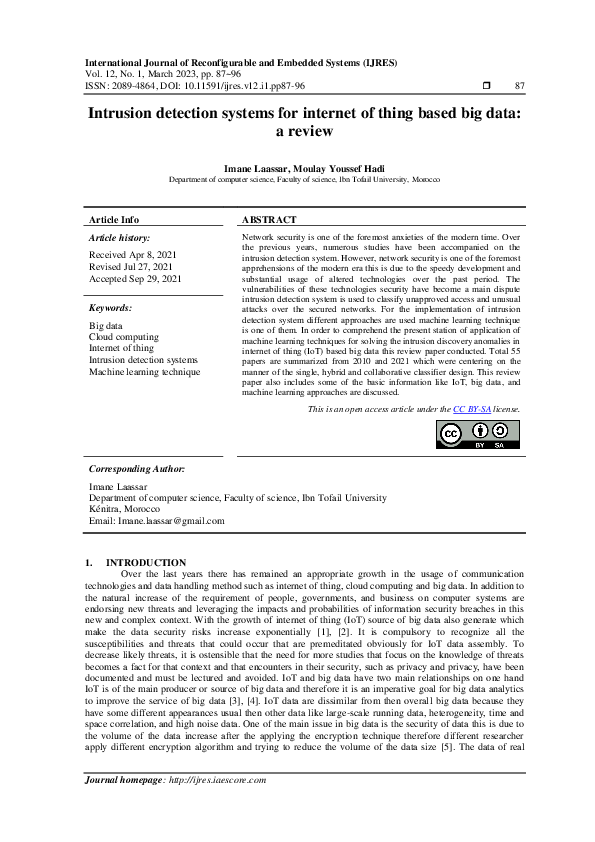Pdf Intrusion Detection Systems For Internet Of Thing Based Big Data
