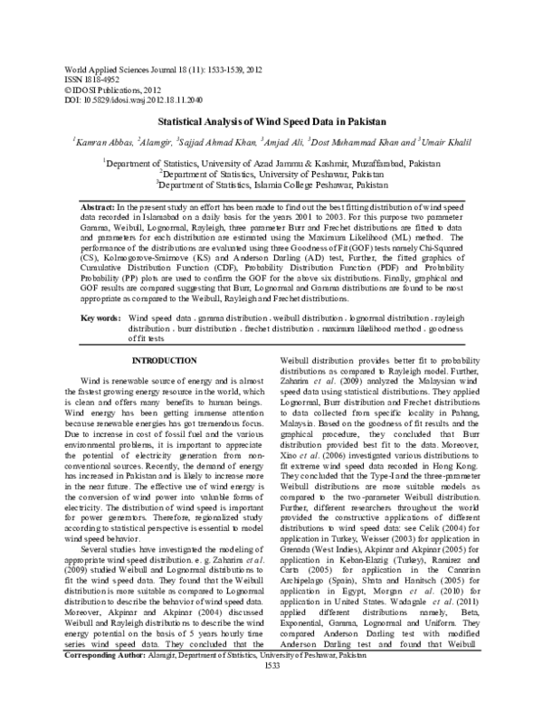 Pdf Statistical Analysis Of Wind Speed Data In Pakistan