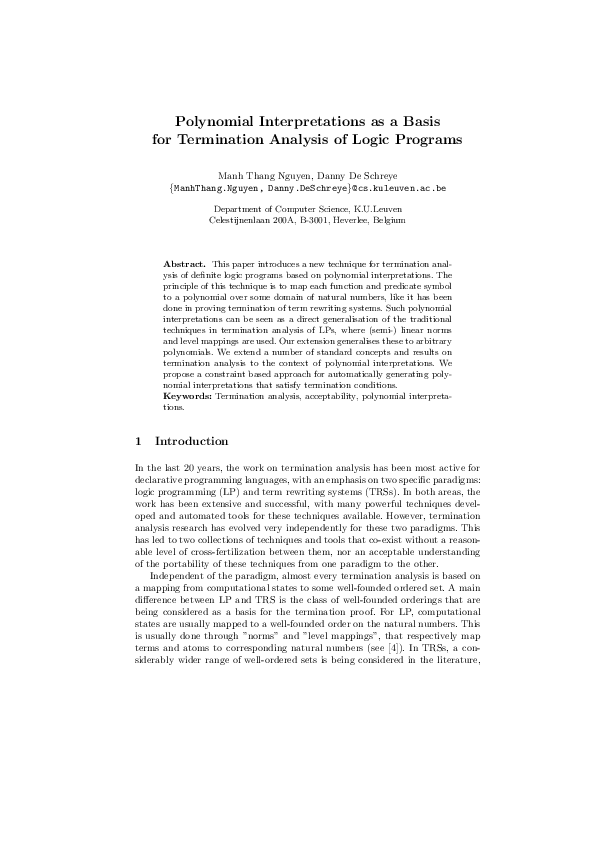 (PDF) Polynomial Interpretations as a Basis for Termination Analysis of Logic Programs