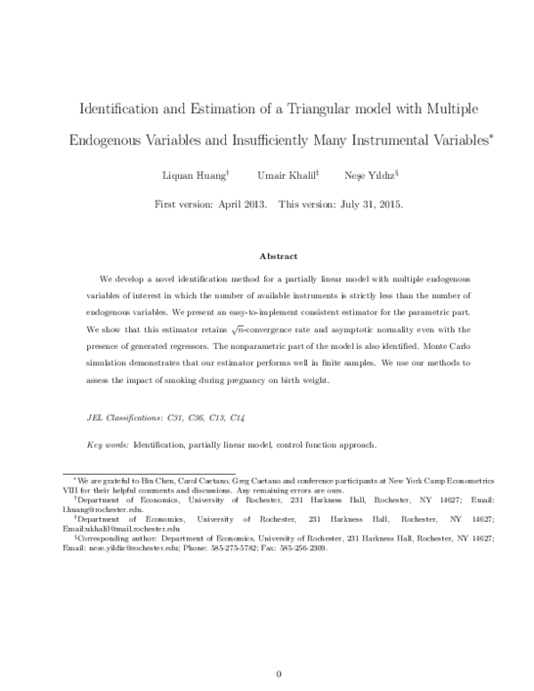 (PDF) Identification and estimation of a triangular model with multiple endogenous variables and ...