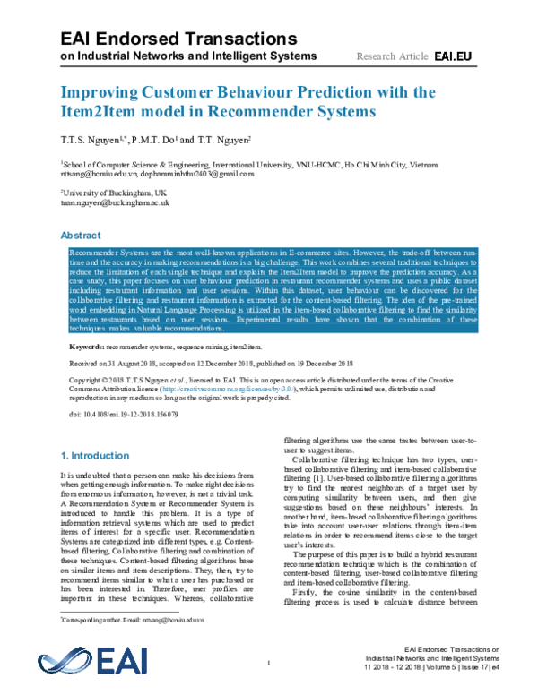 (PDF) Improving Customer Behaviour Prediction with the Item2Item model in Recommender Systems