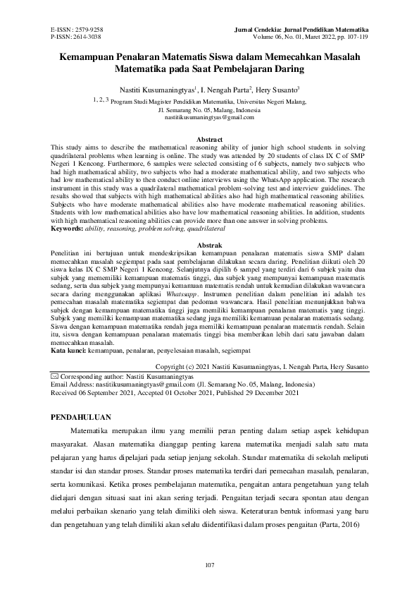 (PDF) Kemampuan Penalaran Matematis Siswa dalam Memecahkan Masalah Matematika pada Saat ...