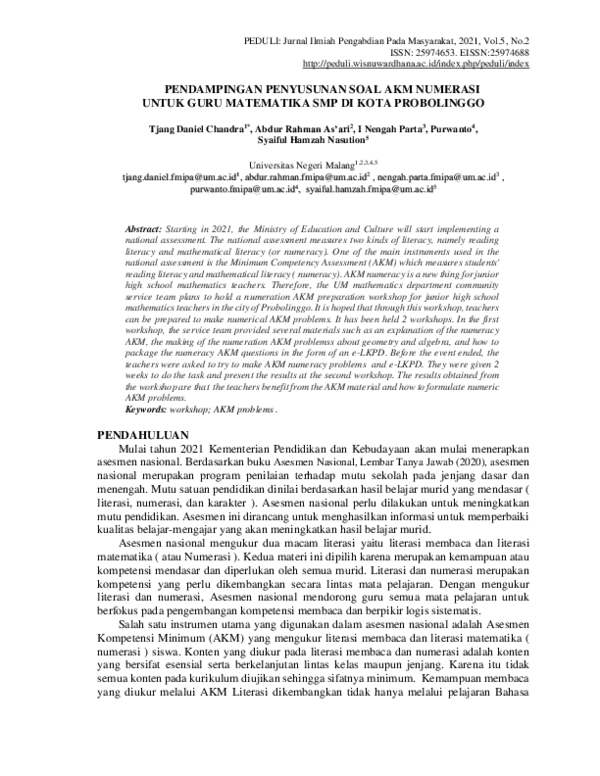 (PDF) PENDAMPINGAN PENYUSUNAN SOAL AKM NUMERASI UNTUK GURU MATEMATIKA SMP di KOTA PROBOLINGGO