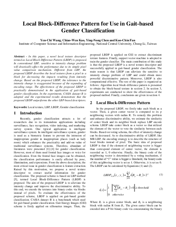 (PDF) Local Block-Difference Pattern for Use in Gait-Based Gender Classification