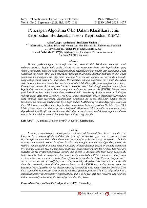 Pdf Application Of C4 5 Algorithm In Classification Of Personality Types Based On Kspm