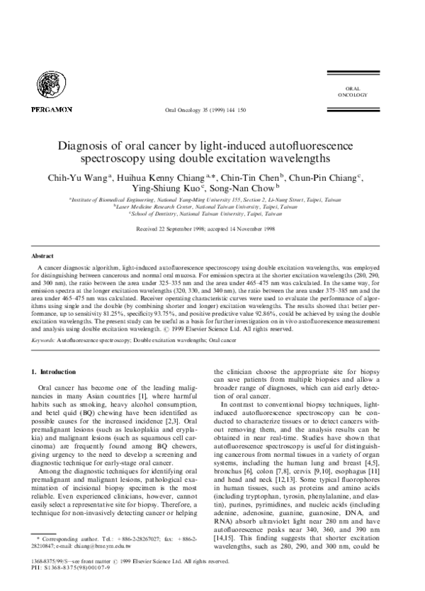 Pdf Diagnosis Of Oral Cancer By Light Induced Autofluorescence Spectroscopy Using Double