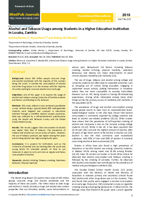 (PDF) Alcohol and Tobacco Usage among Students in a Higher Education ...
