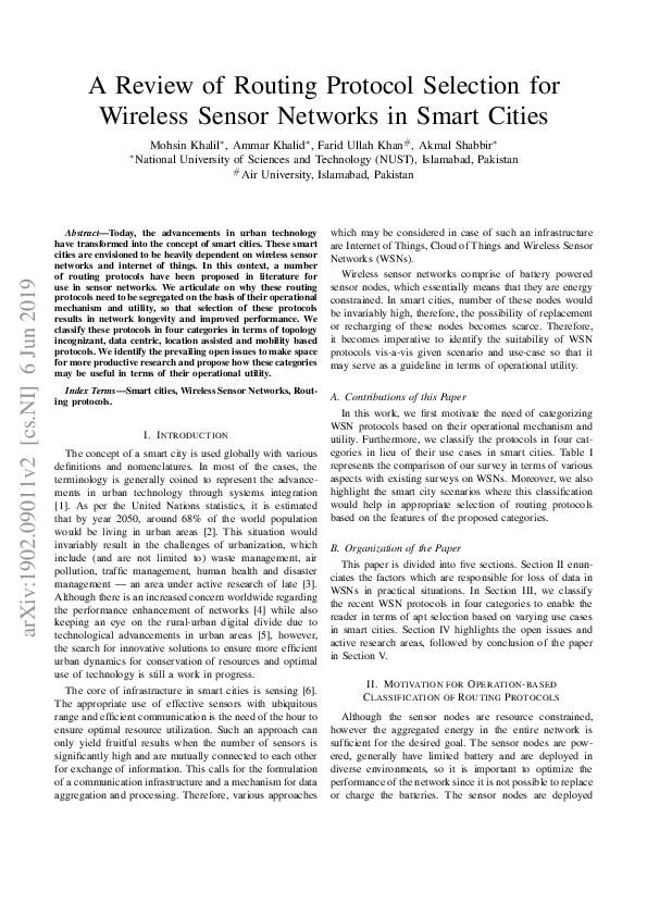 (PDF) A Review of Routing Protocol Selection for Wireless Sensor Networks in Smart Cities